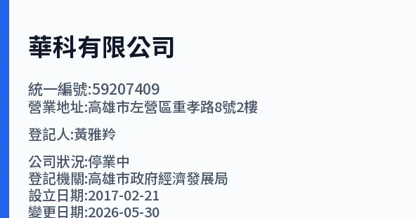 華科有限公司的照片-統編 59207409(高雄市) 公司登記資料與營業項目詳細圖表