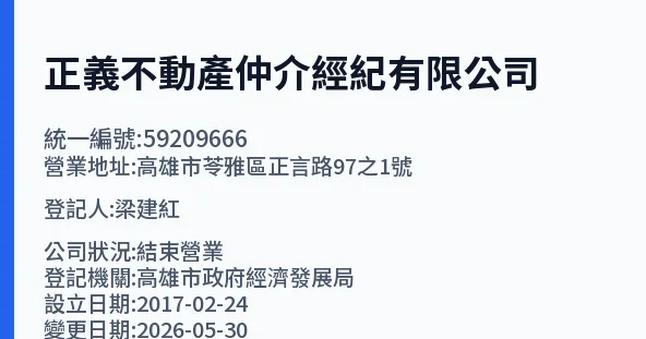 正義不動產仲介經紀有限公司的照片-統編 59209666(高雄市) 公司登記資料與營業項目詳細圖表