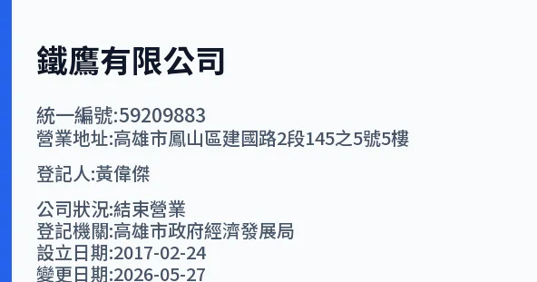 鐵鷹有限公司的照片-統編 59209883(高雄市) 公司登記資料與營業項目詳細圖表
