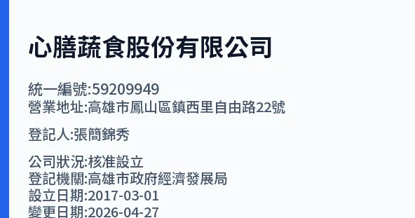 心膳蔬食股份有限公司的照片-統編 59209949(高雄市) 公司登記資料與營業項目詳細圖表