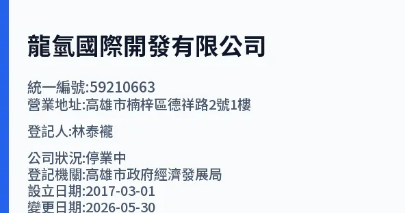 龍氫國際開發有限公司的照片-統編 59210663(高雄市) 公司登記資料與營業項目詳細圖表