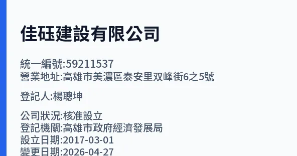 佳砡建設有限公司的照片-統編 59211537(高雄市) 公司登記資料與營業項目詳細圖表