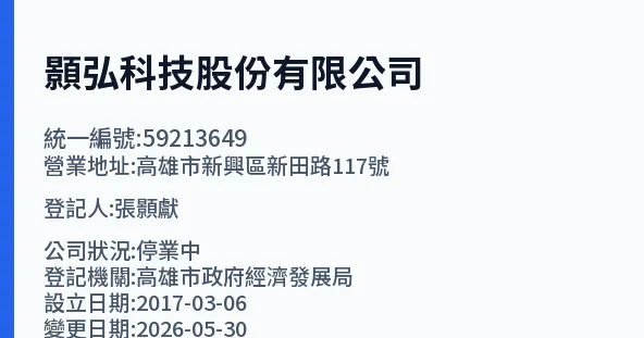 顥弘科技股份有限公司的照片-統編 59213649(高雄市) 公司登記資料與營業項目詳細圖表