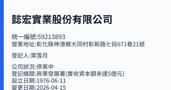 懿宏實業股份有限公司的照片-統編 59213893(彰化縣) 公司登記資料與營業項目詳細圖表
