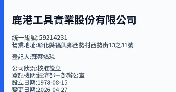 鹿港工具實業股份有限公司的照片-統編 59214231(彰化縣) 公司登記資料與營業項目詳細圖表