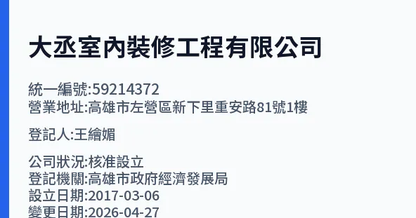 大丞室內裝修工程有限公司的照片-統編 59214372(高雄市) 公司登記資料與營業項目詳細圖表