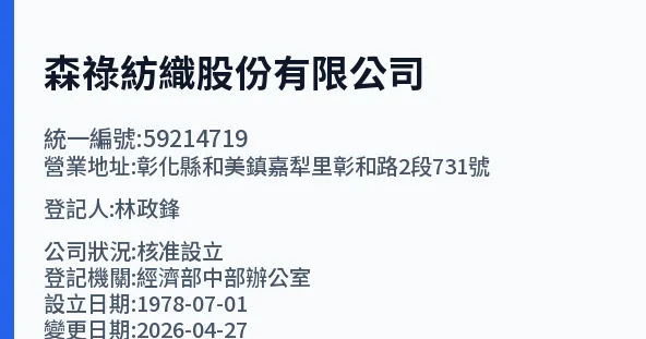 森祿紡織股份有限公司的照片-統編 59214719(彰化縣) 公司登記資料與營業項目詳細圖表