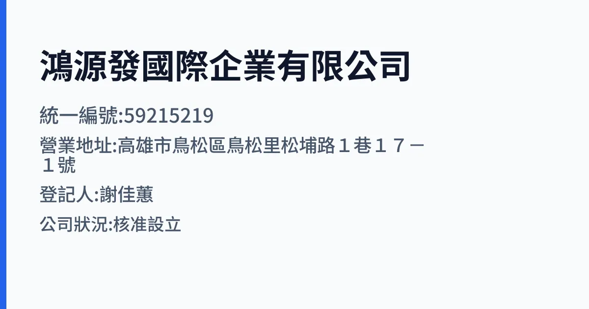 鴻源發國際企業有限公司 - 統編 59215219(高雄市) 公司登記資料與營業項目詳細圖表