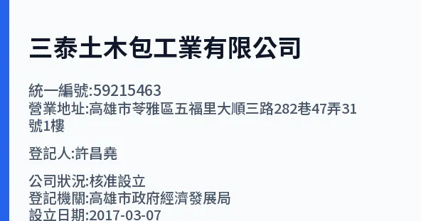 三泰土木包工業有限公司的照片-統編 59215463(高雄市) 公司登記資料與營業項目詳細圖表