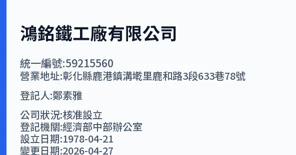 鴻銘鐵工廠有限公司的照片-統編 59215560(彰化縣) 公司登記資料與營業項目詳細圖表