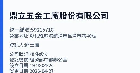 鼎立五金工廠股份有限公司的照片-統編 59215718(彰化縣) 公司登記資料與營業項目詳細圖表
