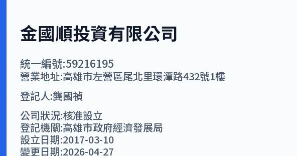 金國順投資有限公司的照片-統編 59216195(高雄市) 公司登記資料與營業項目詳細圖表