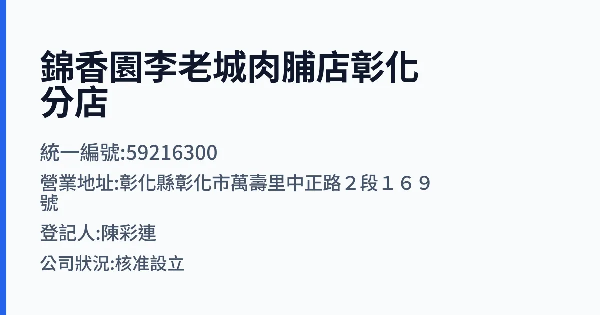 錦香園李老城肉脯店彰化分店 - 統編 59216300(彰化縣) 公司登記資料與營業項目詳細圖表
