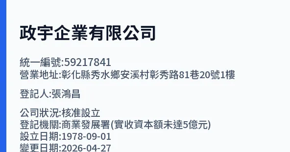 政宇企業有限公司的照片-統編 59217841(彰化縣) 公司登記資料與營業項目詳細圖表