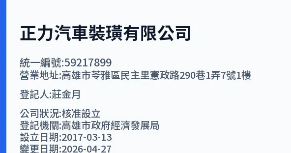 正力汽車裝璜有限公司的照片-統編 59217899(高雄市) 公司登記資料與營業項目詳細圖表