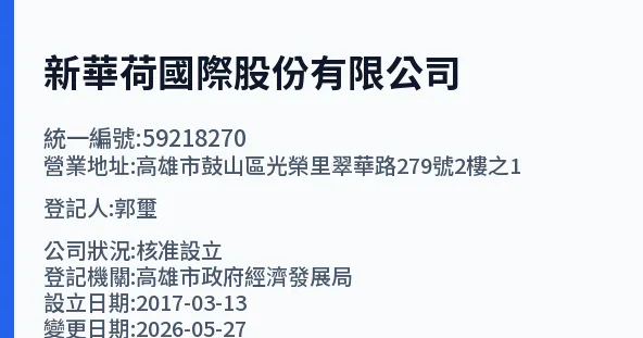 新華荷國際股份有限公司的照片-統編 59218270(高雄市) 公司登記資料與營業項目詳細圖表