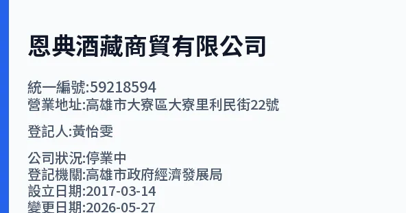 恩典酒藏商貿有限公司的照片-統編 59218594(高雄市) 公司登記資料與營業項目詳細圖表
