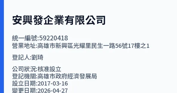 安興發企業有限公司的照片-統編 59220418(高雄市) 公司登記資料與營業項目詳細圖表