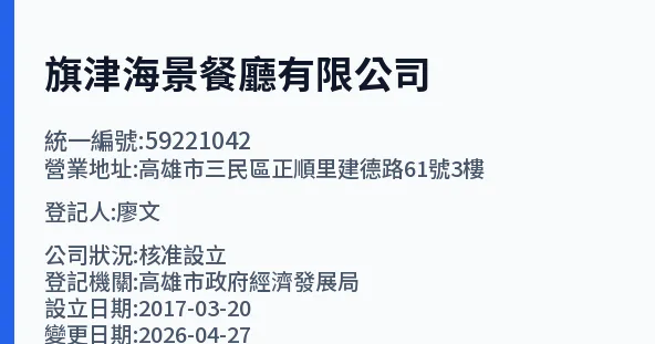 旗津海景餐廳有限公司的照片-統編 59221042(高雄市) 公司登記資料與營業項目詳細圖表