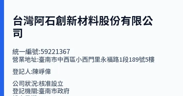 台灣阿石創新材料股份有限公司的照片-統編 59221367(臺南市) 公司登記資料與營業項目詳細圖表