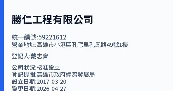 勝仁工程有限公司的照片-統編 59221612(高雄市) 公司登記資料與營業項目詳細圖表