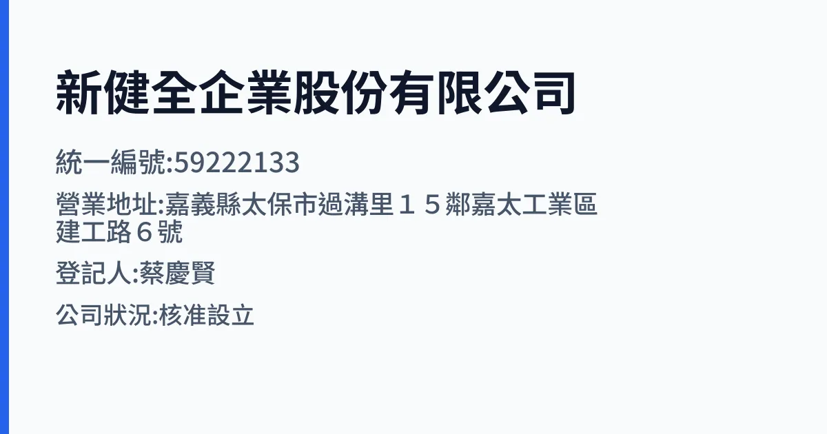 新健全企業股份有限公司 - 統編 59222133(嘉義縣) 公司登記資料與營業項目詳細圖表