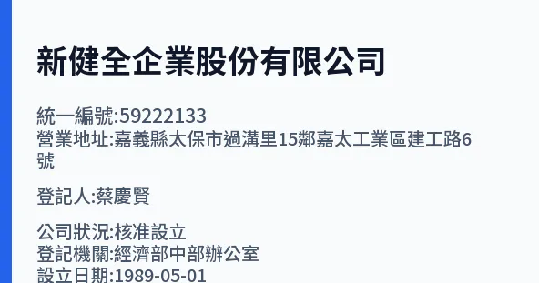 新健全企業股份有限公司的照片-統編 59222133(嘉義縣) 公司登記資料與營業項目詳細圖表