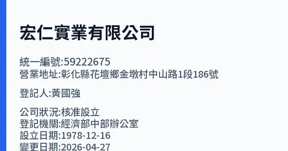 宏仁實業有限公司的照片-統編 59222675(彰化縣) 公司登記資料與營業項目詳細圖表