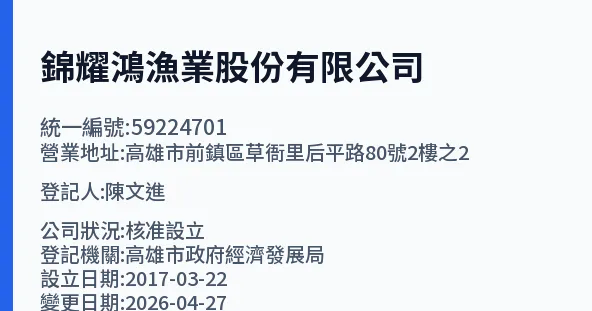 錦耀鴻漁業股份有限公司的照片-統編 59224701(高雄市) 公司登記資料與營業項目詳細圖表