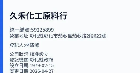 久禾化工原料行的照片-統編 59225899(彰化縣) 公司登記資料與營業項目詳細圖表