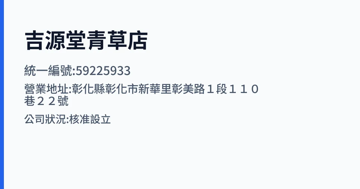 吉源堂青草店 - 統編 59225933(彰化縣) 公司登記資料與營業項目詳細圖表