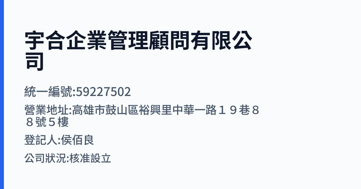 宇合企業管理顧問有限公司 - 統編 59227502(高雄市) 公司登記資料與營業項目詳細圖表