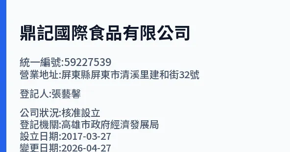鼎記國際食品有限公司的照片-統編 59227539(屏東縣) 公司登記資料與營業項目詳細圖表