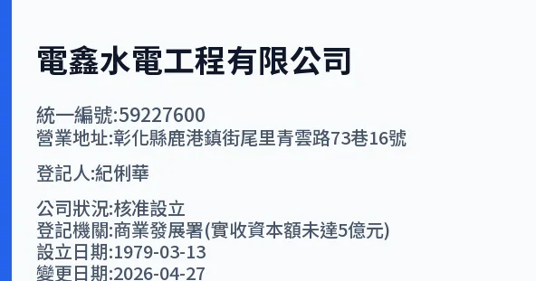 電鑫水電工程有限公司的照片-統編 59227600(彰化縣) 公司登記資料與營業項目詳細圖表