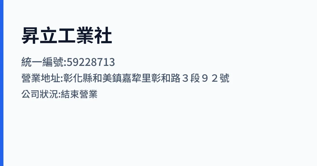 昇立工業社 - 統編 59228713(彰化縣) 公司登記資料與營業項目詳細圖表