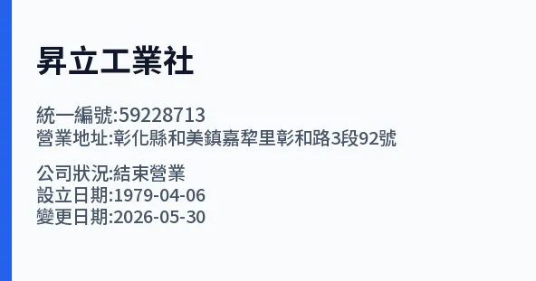 昇立工業社的照片-統編 59228713(彰化縣) 公司登記資料與營業項目詳細圖表