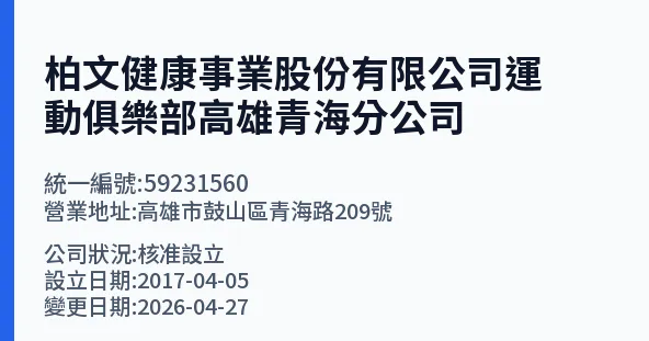 柏文健康事業股份有限公司運動俱樂部高雄青海分公司的照片-統編 59231560(高雄市) 公司登記資料與營業項目詳細圖表