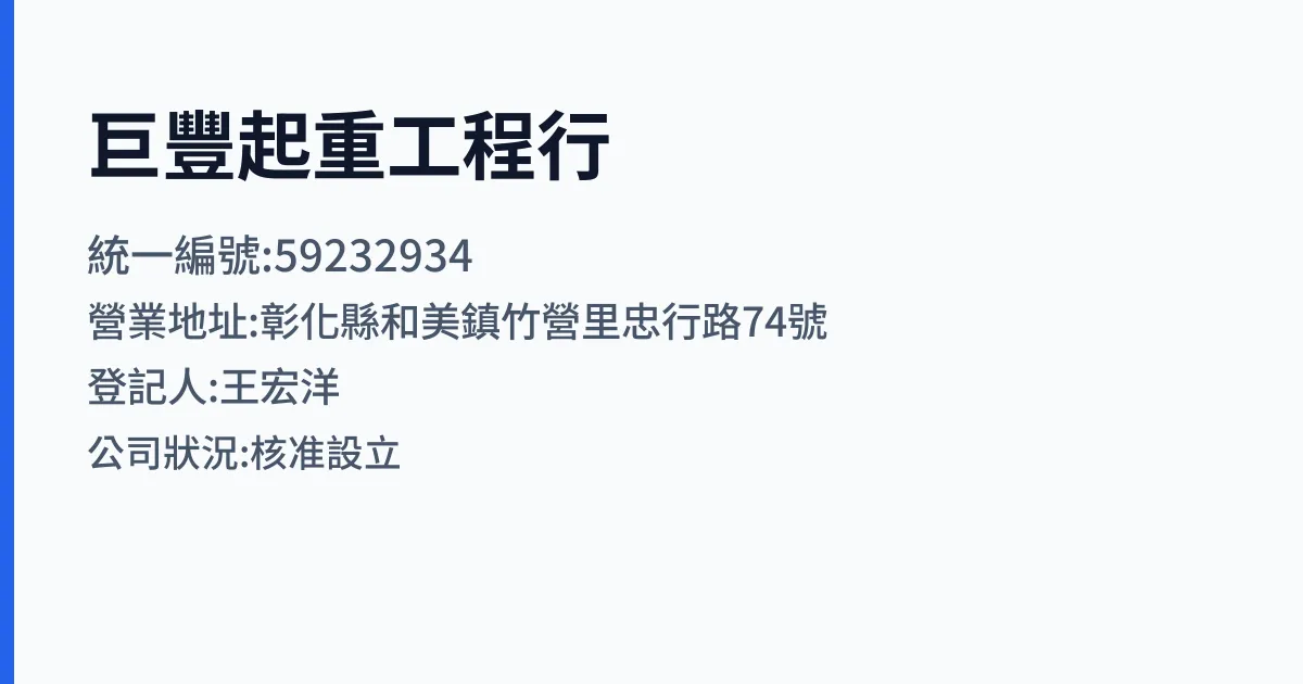 巨豐起重工程行 - 統編 59232934(彰化縣) 公司登記資料與營業項目詳細圖表