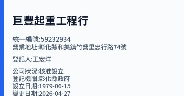 巨豐起重工程行的照片-統編 59232934(彰化縣) 公司登記資料與營業項目詳細圖表