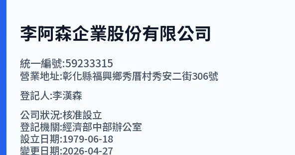 李阿森企業股份有限公司的照片-統編 59233315(彰化縣) 公司登記資料與營業項目詳細圖表