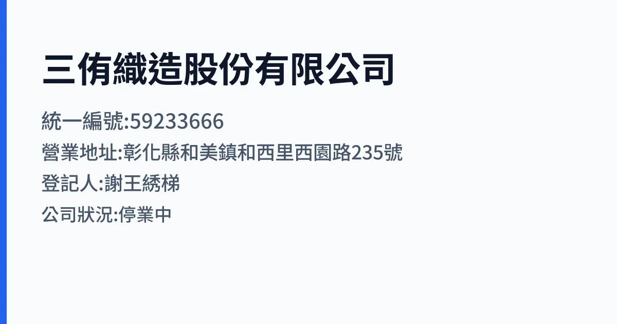 三侑織造股份有限公司 - 統編 59233666(彰化縣) 公司登記資料與營業項目詳細圖表
