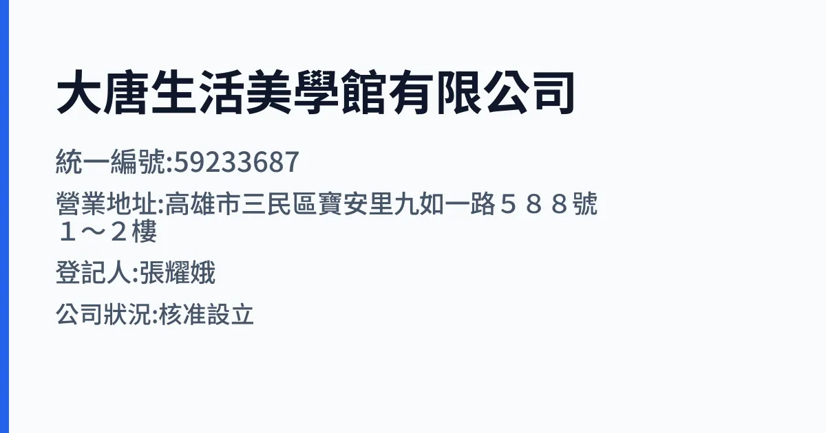大唐生活美學館有限公司 - 統編 59233687(高雄市) 公司登記資料與營業項目詳細圖表