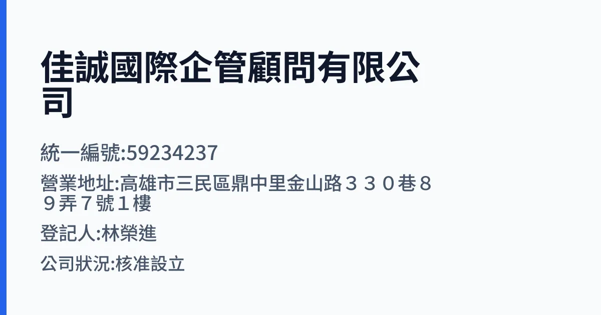 佳誠國際企管顧問有限公司 - 統編 59234237(高雄市) 公司登記資料與營業項目詳細圖表