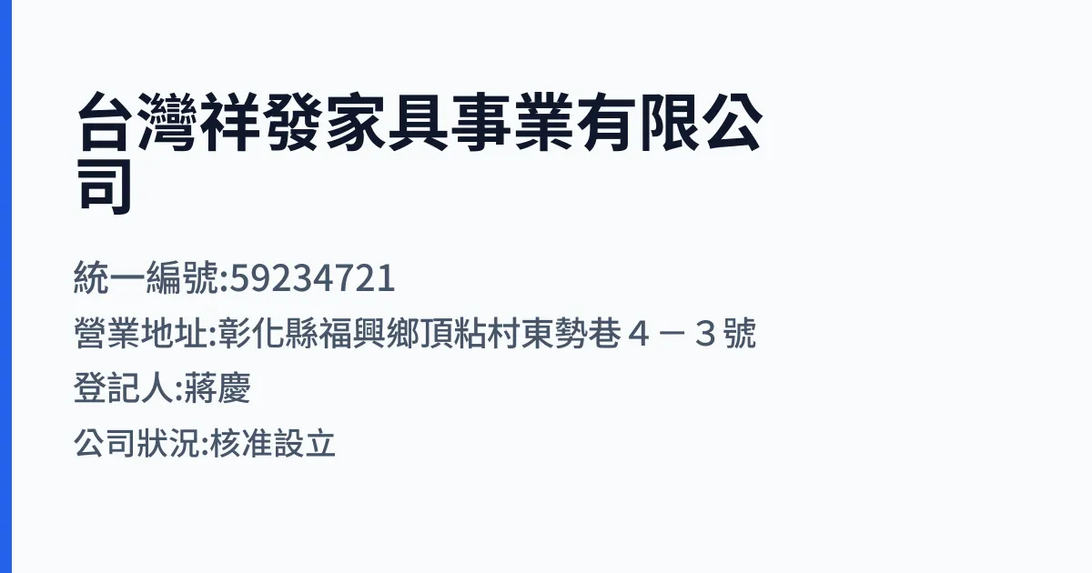 台灣祥發家具事業有限公司 - 統編 59234721(彰化縣) 公司登記資料與營業項目詳細圖表