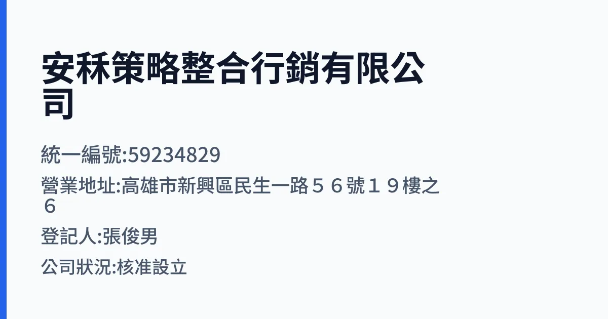 安秝策略整合行銷有限公司 - 統編 59234829(高雄市) 公司登記資料與營業項目詳細圖表