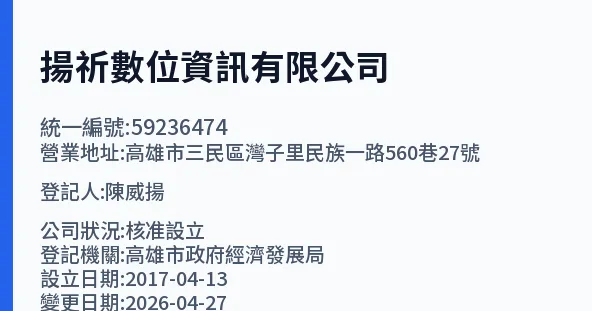 揚祈數位資訊有限公司的照片-統編 59236474(高雄市) 公司登記資料與營業項目詳細圖表