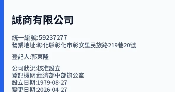 誠商有限公司的照片-統編 59237277(彰化縣) 公司登記資料與營業項目詳細圖表