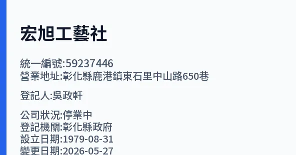 宏旭工藝社的照片-統編 59237446(彰化縣) 公司登記資料與營業項目詳細圖表