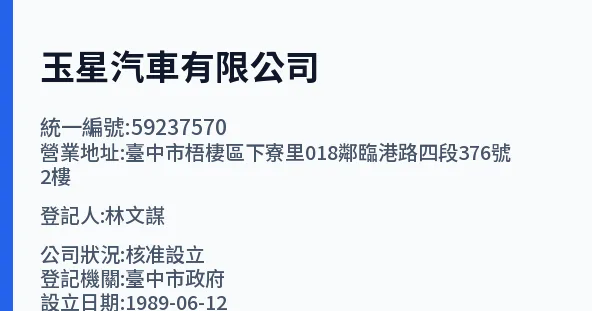 玉星汽車有限公司的照片-統編 59237570(臺中市) 公司登記資料與營業項目詳細圖表