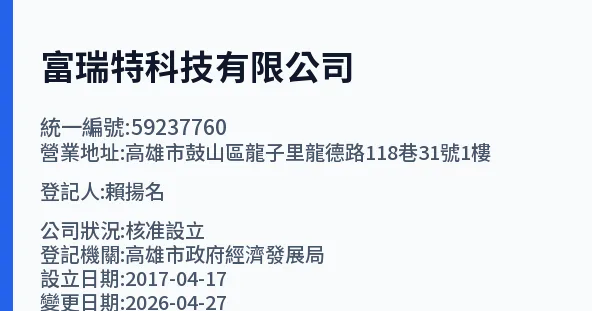 富瑞特科技有限公司的照片-統編 59237760(高雄市) 公司登記資料與營業項目詳細圖表